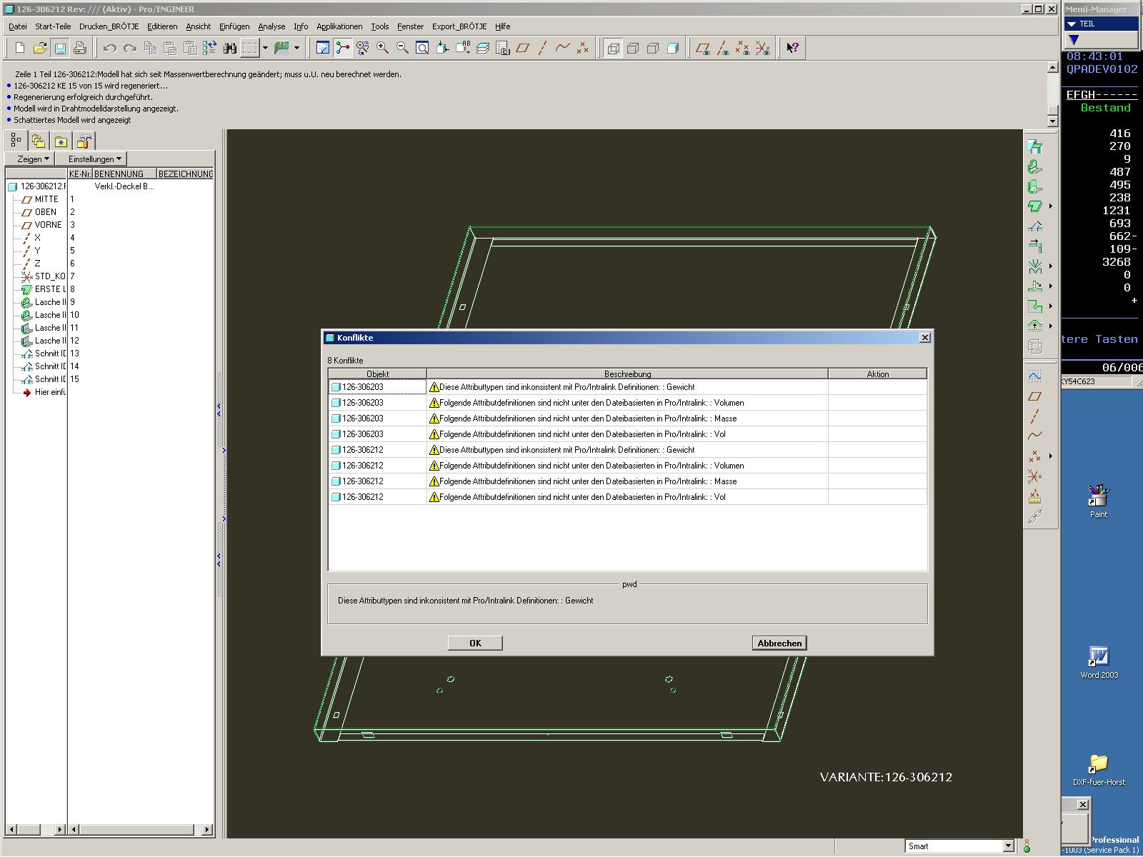 Daten sind inkonsistent mit Pro/Intralink Definitionen (PTC Engineering ...
